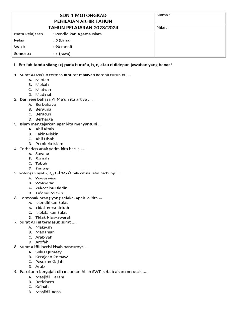 Soal PAS PAI Kelas 5 | PDF