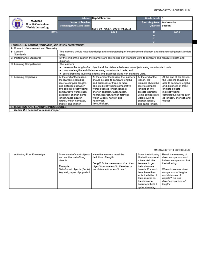DLL Matatag - Mathematics 1 - Q2 - W1 | PDF