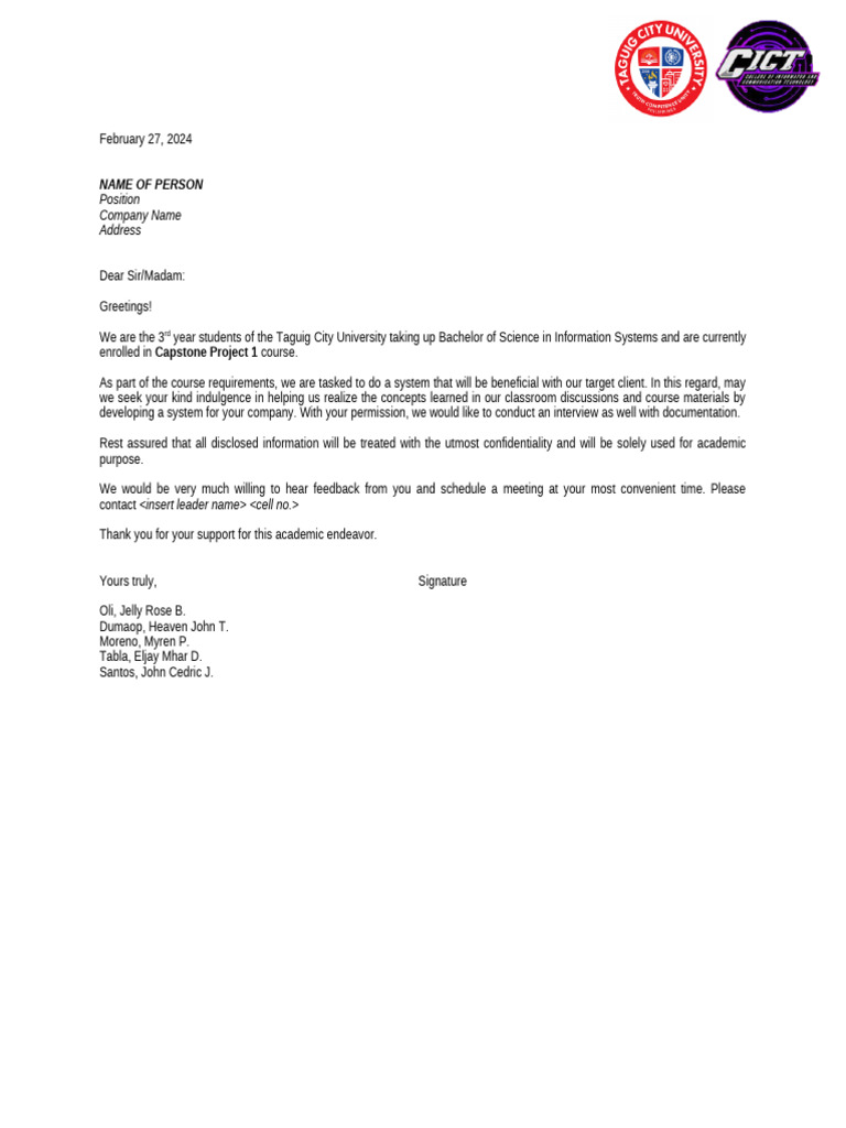 Request Letter Tcu Capstone | PDF