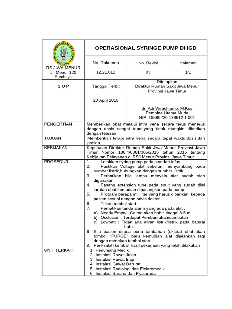 SOP 12.21.012. Operasional Syringe Pump IGD - Tanggal 27 Oktober 2015 | PDF