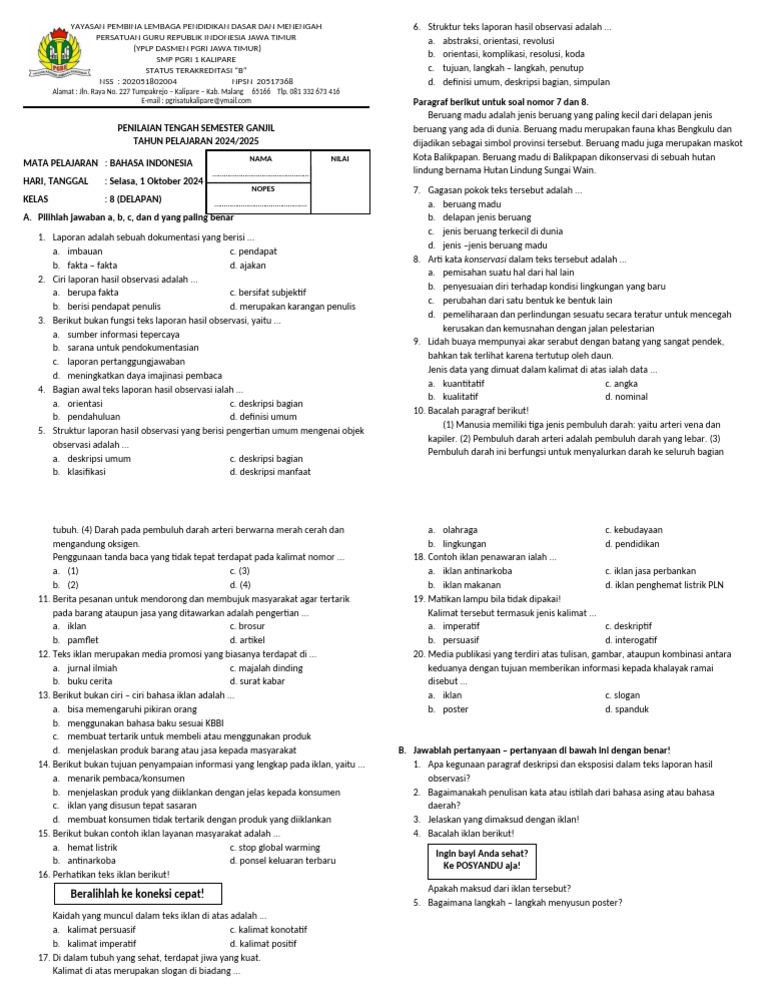 Soal Uts Bin Kelas 8 | PDF
