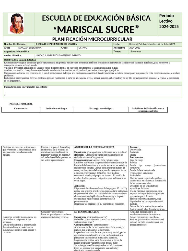 Planificacion Microcurricular LENGUA 8 | PDF