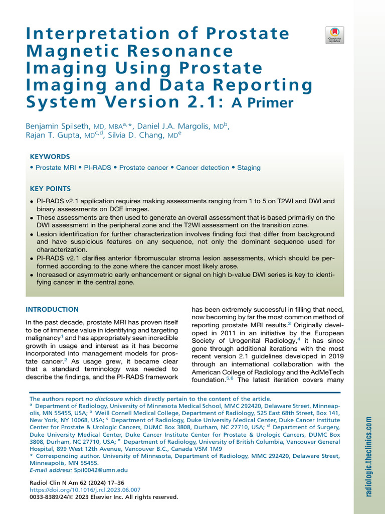 Interpretation of Prostate Magnetic Resonance Imaging Using Prostate Imaging and Data Reporting ...
