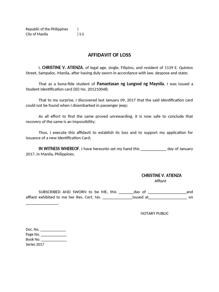Affidavit of Loss for Student ID | PDF