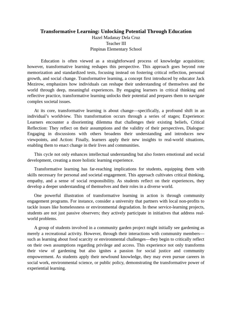 Transformative Learning Unlocking Potential Through Education Hazel ...
