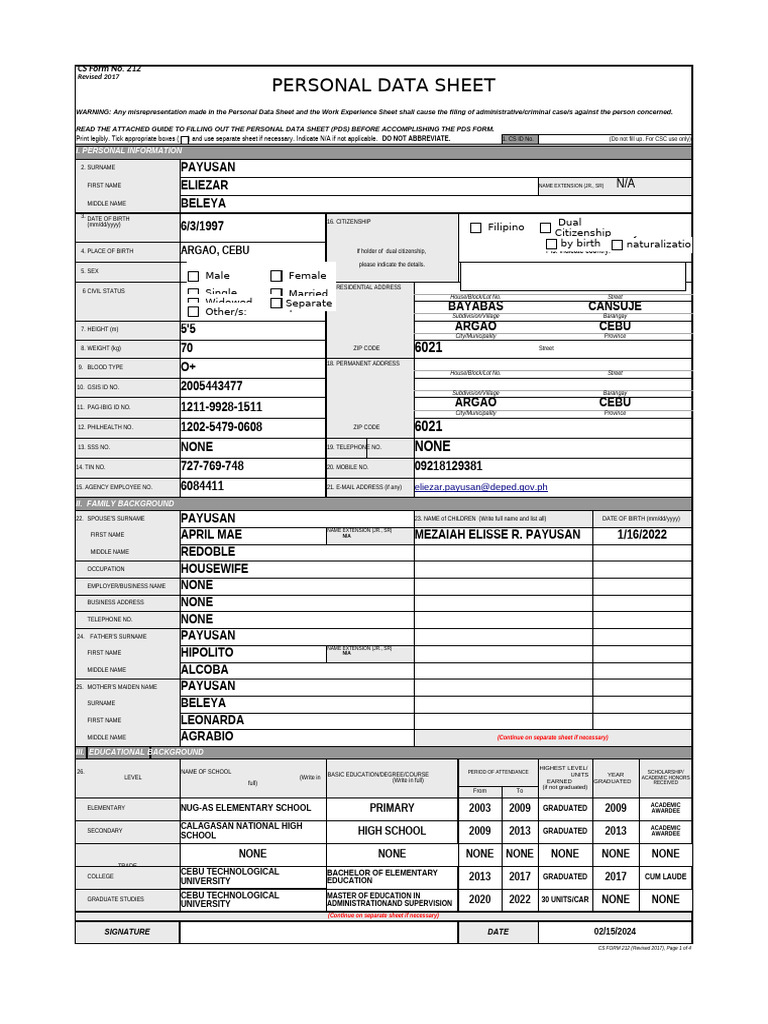 PDS Form Updated 2023 Eliezar | PDF