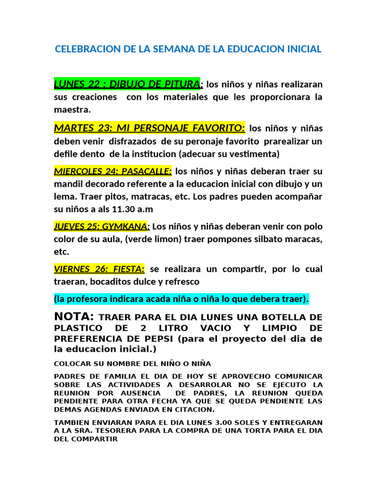 Celebracion de La Semana de La Educacion Inicial | PDF