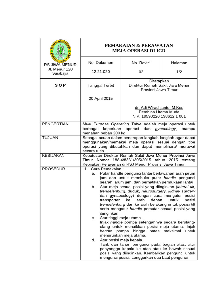 SOP 12.21.020. Pemakaian & Perawatan Meja Operasi Di IGD - Tanggal 27 ...