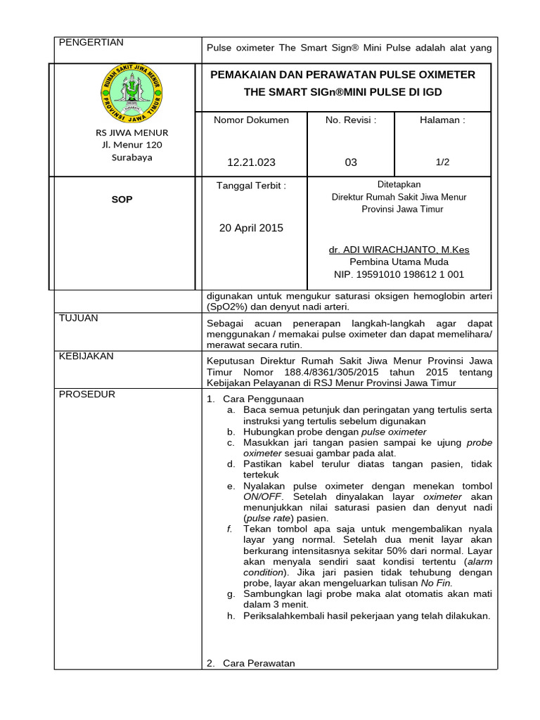 SOP 12.21.023. Pemakaian Pulse Oximeter The Smart SIGn®Mini Pulse - Tanggal 27 Oktober 2015 | PDF