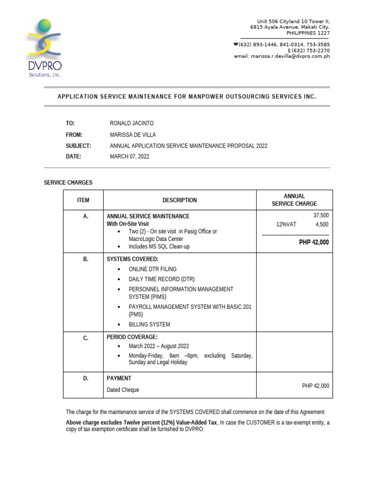 Application Service Maintenance Agreement Proposal 2022 For MANPOWER ...