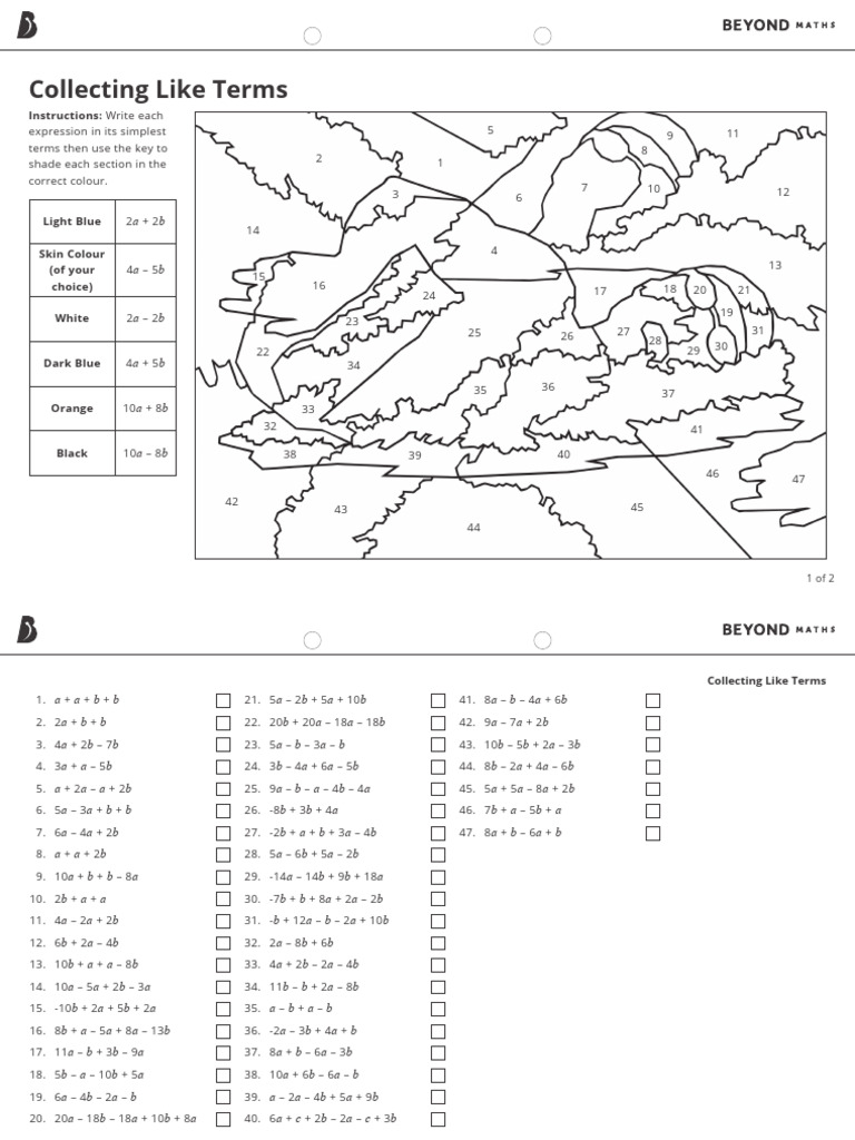 Collecting Like Terms Colour by Number | PDF
