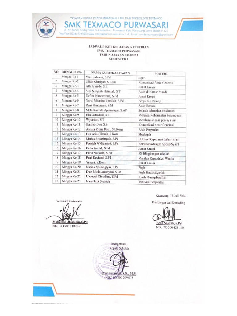 Jadwal Keputrian Tahun Ajaran 20242025 | PDF