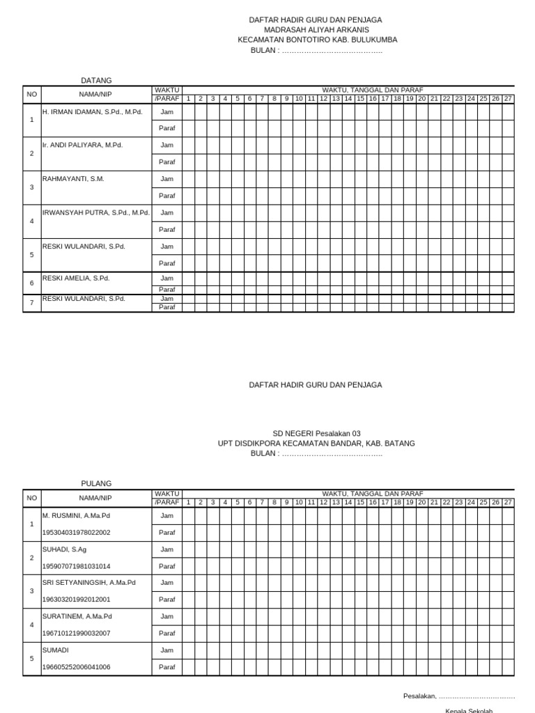 Daftar Hadir Guru Format Excel 2 | PDF