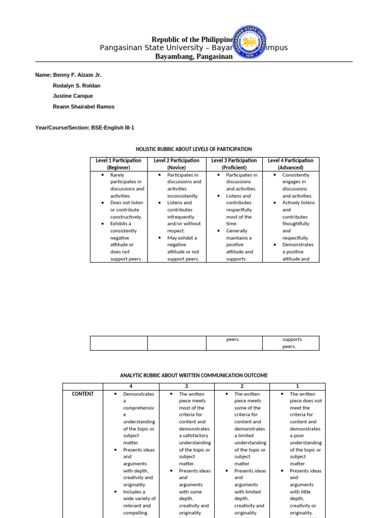 Rubric - Group 10 | PDF