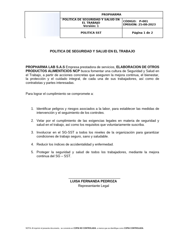 Politica SST - Lab | PDF