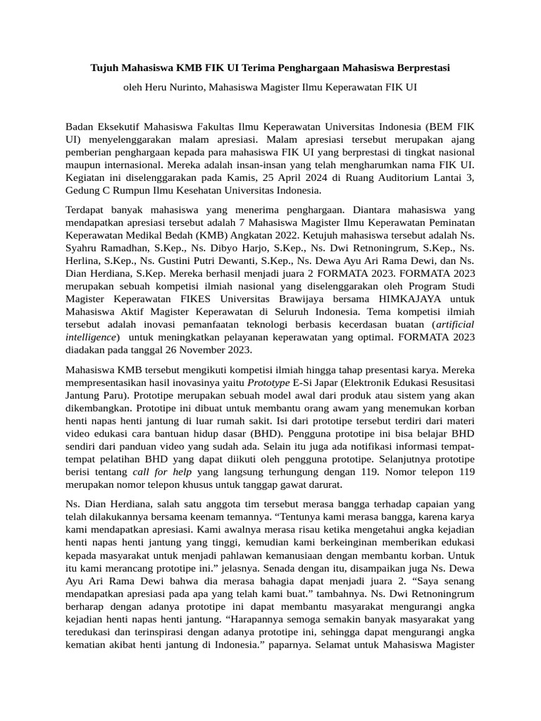 Tujuh Mahasiswa KMB FIK UI Terima Penghargaan Mahasiswa Prestasi | PDF