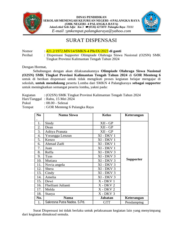 Surat Dispensasi Siswa Supporter 02SN 2024 | PDF