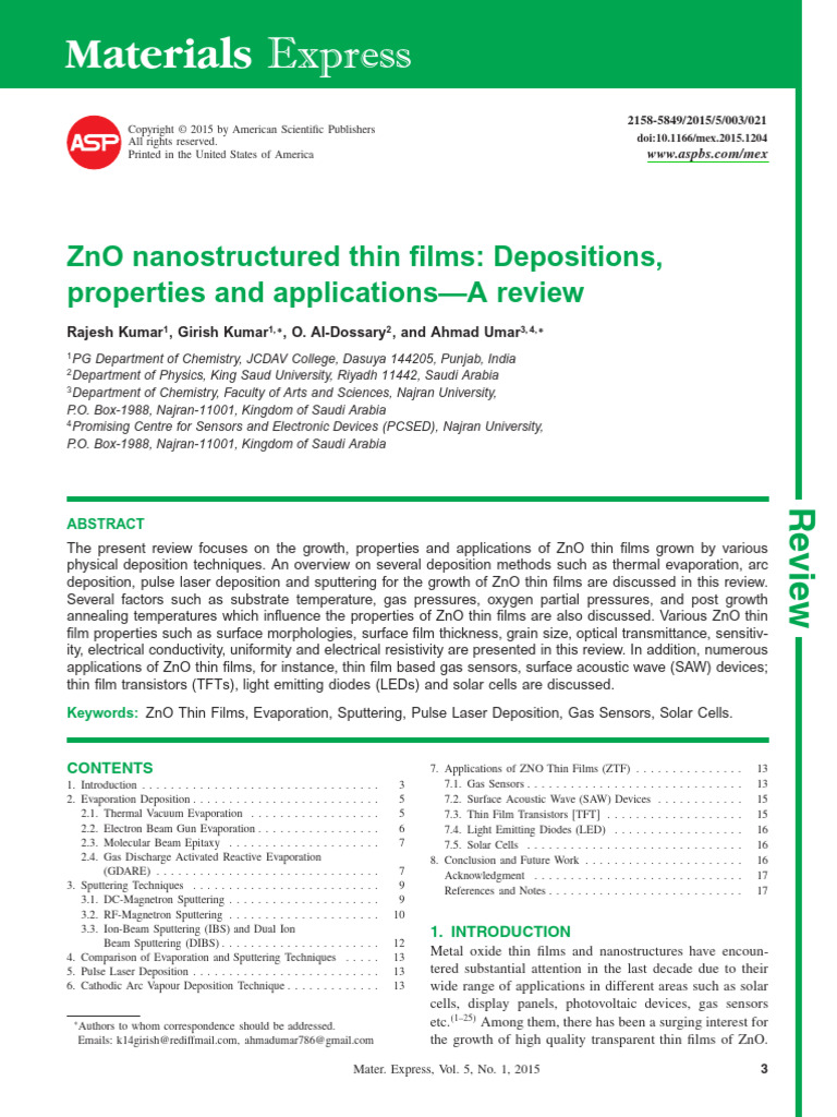ZnO Nanostructured Thin Films Depositions | PDF | Thin Film | Zinc Oxide