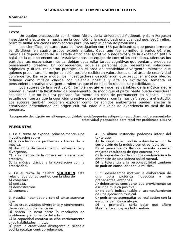 Segunda Prueba de Comprensión de Textos | PDF | Creatividad | Arte