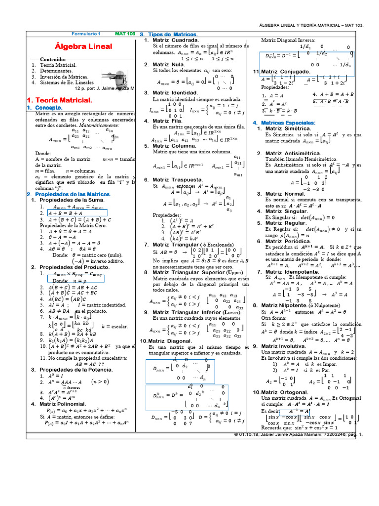 1 Formulario Mat103 Matrices 1 Contiene Formulas de La Materia - Compress | PDF