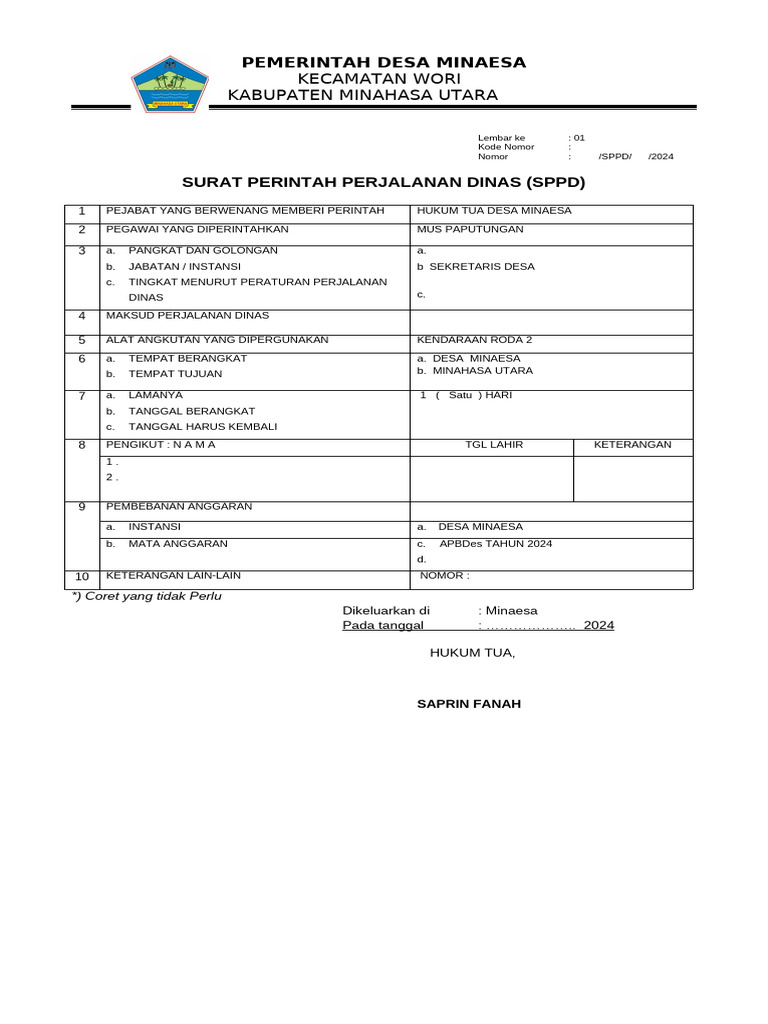 SPPD Sekretaris Desa (Mus) | PDF