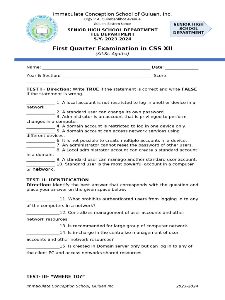 1ST QUARTER EXAM SHS CSS 12 - Checked | PDF