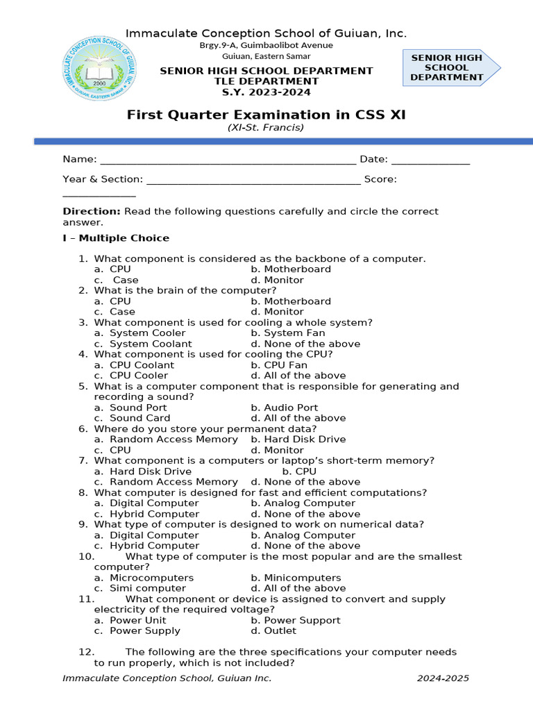 1ST QUARTER EXAM SHS CSS 11 - Checked | PDF