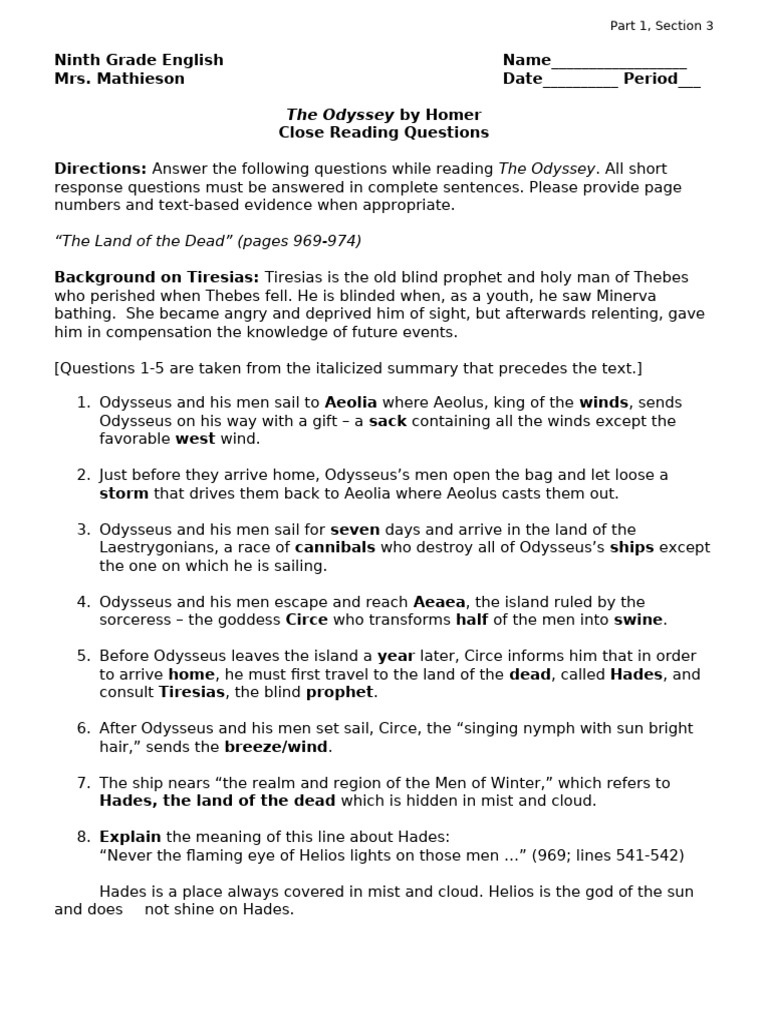 The Odyssey Part I Close Reading Questions - The Land of The Dead - Key ...