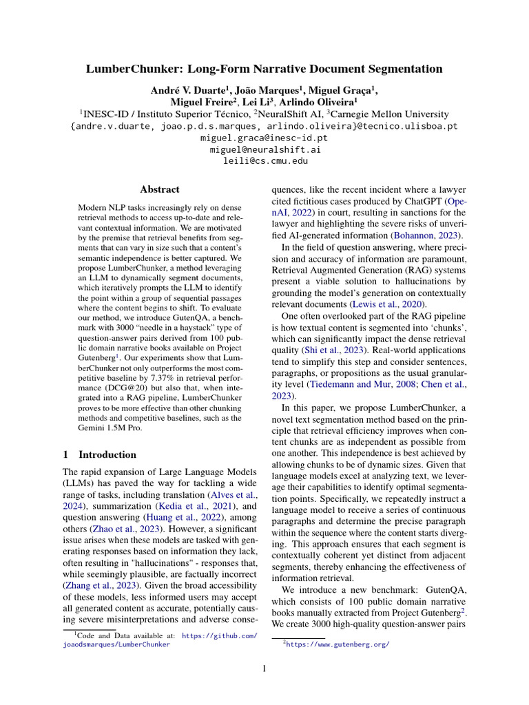 Lumberchunker: Long-Form Narrative Document Segmentation | PDF
