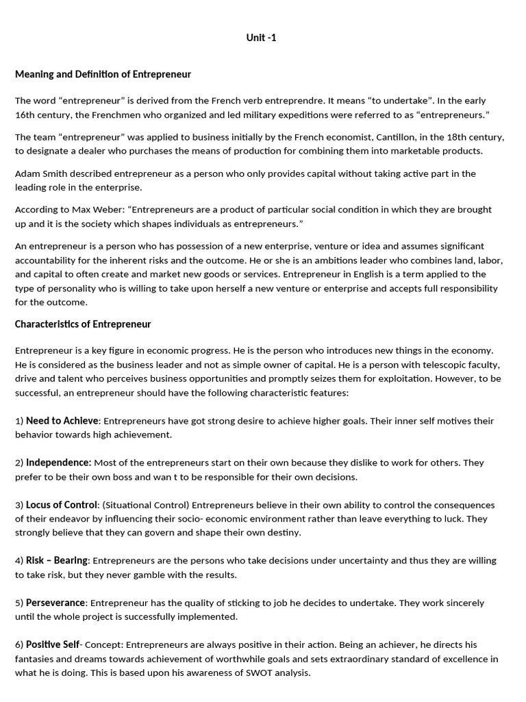 Entrepreneurship Unit 1 BBA | PDF