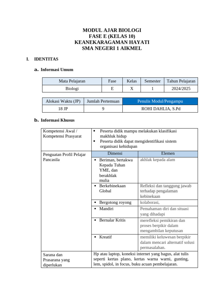 MODUL AJAR BIOLOGI FASE E Untuk Observasi | PDF