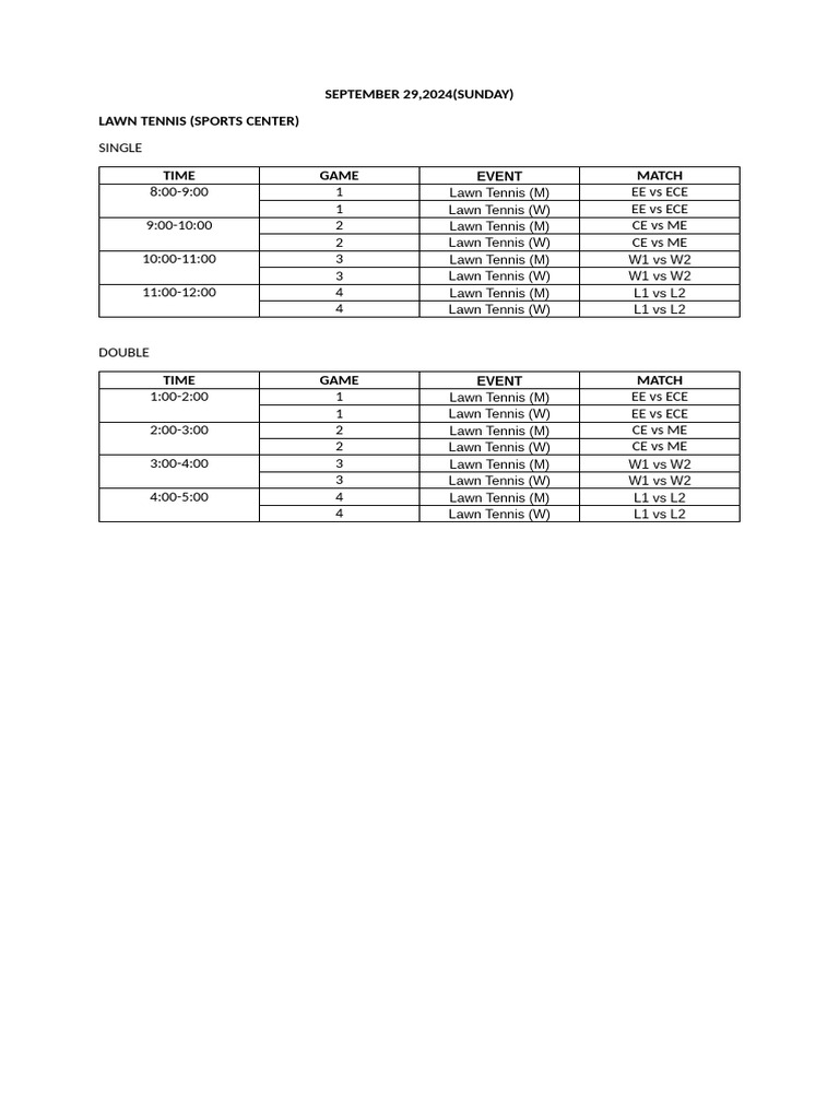Lawn Tennis Time Table | PDF