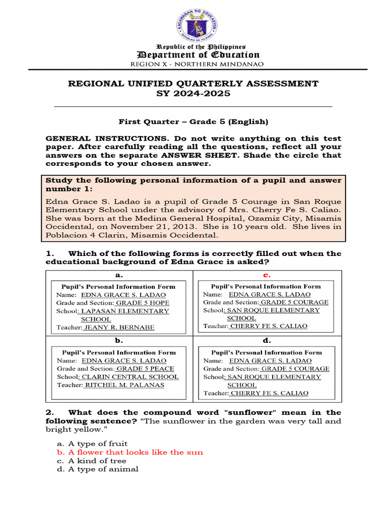 Grade 5 English Q1 Assessment - Answer Key | PDF