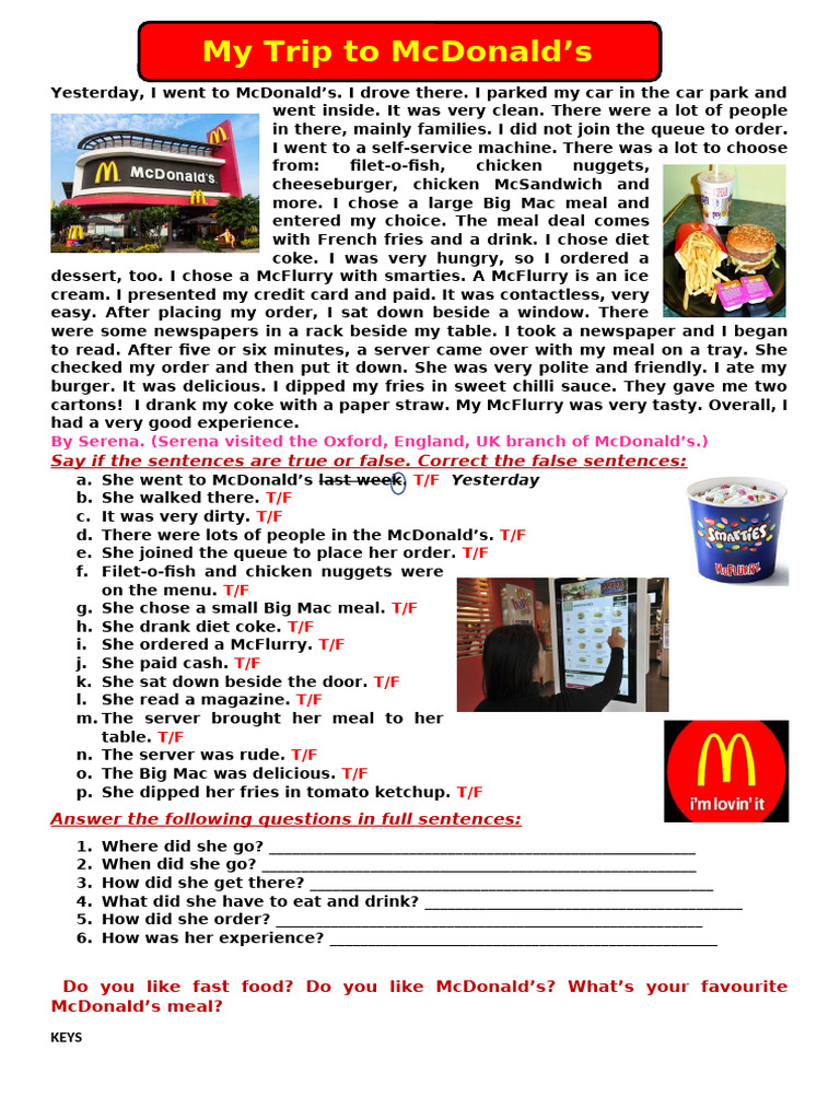 RC My Trip To Mcdonalds Reading Comprehension Exercises - 140924 | PDF ...