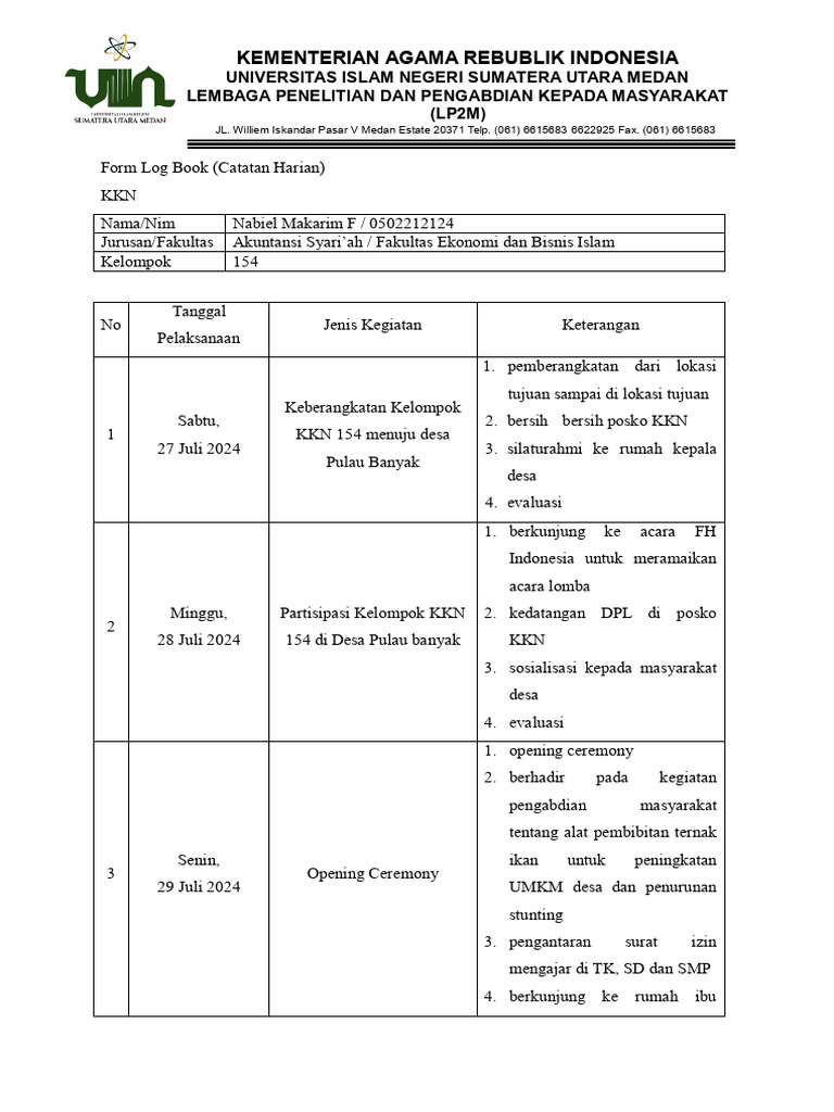 Log Book KKN 154 di Pulau Banyak | PDF