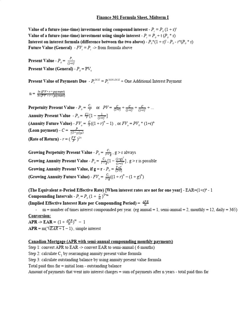 FIN 301 Formula Sheet 1 PDF | PDF