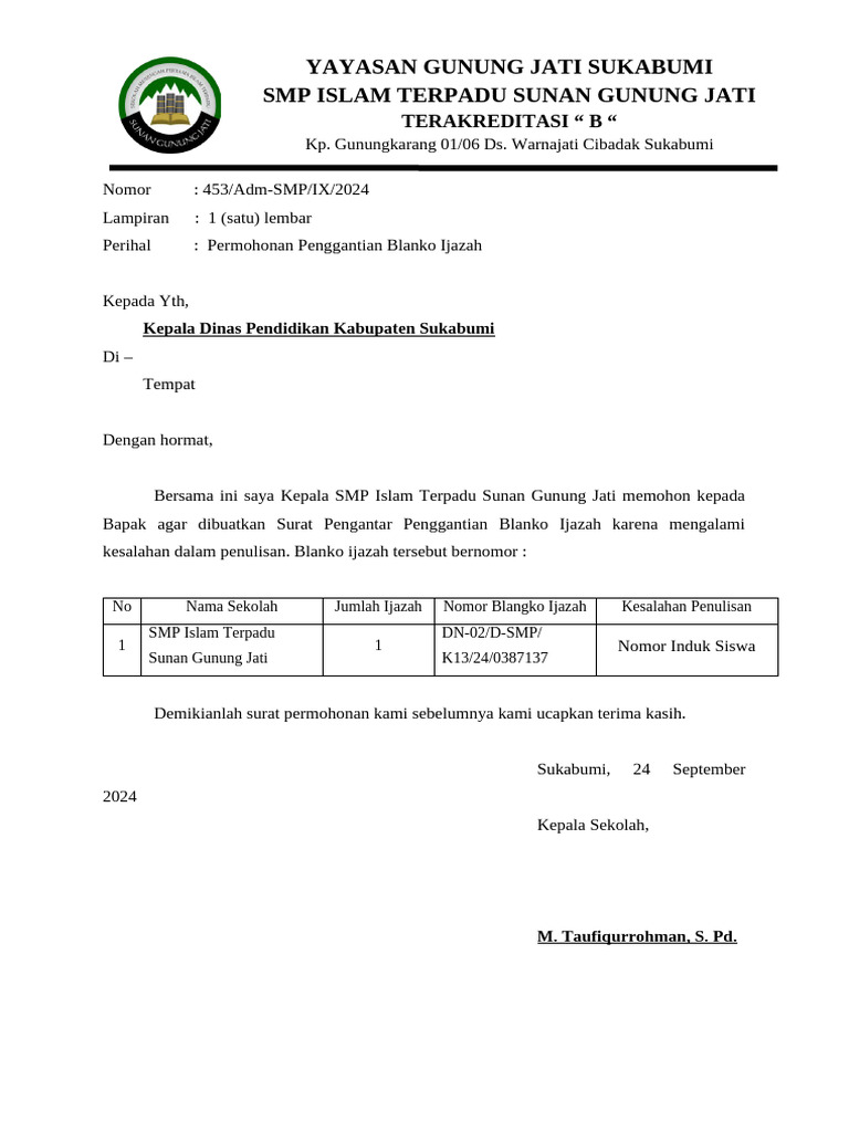 Surat Permohonan Penggantian Ijazah | PDF