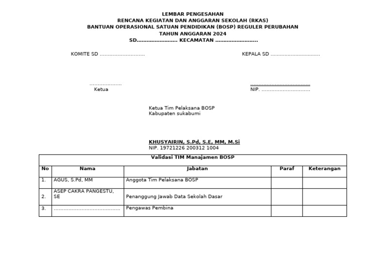 Lembar Pengesahan RKAS BOSP SD Perubahan 2024 | PDF