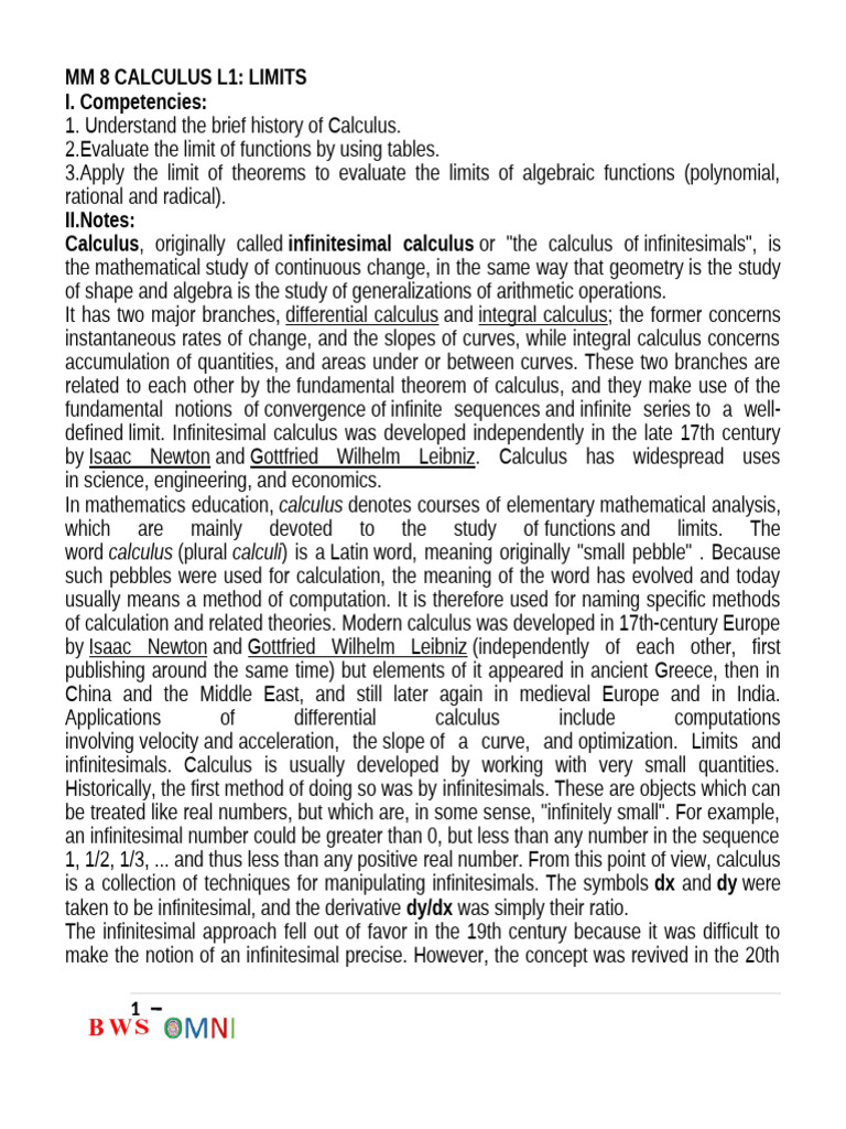 LESSON 1 MM 8 Calculus 2 1 | PDF