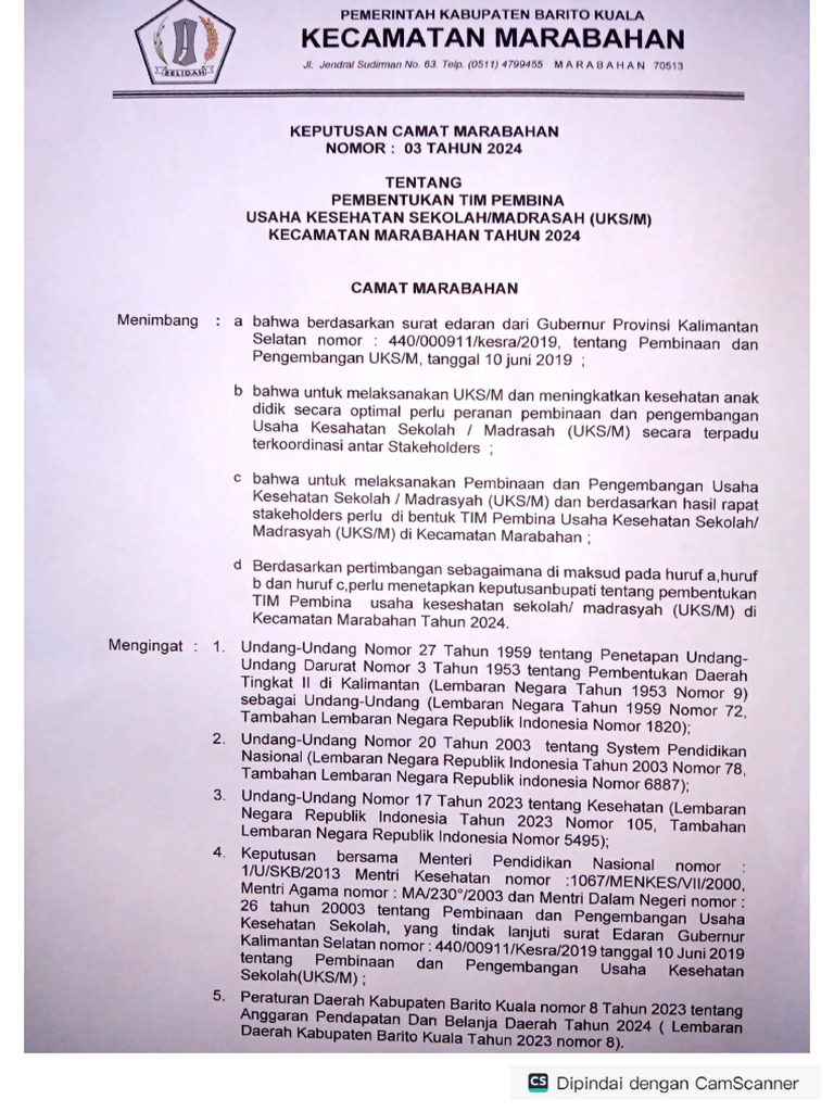 SK CAMAT Tentang TIM UKS | PDF