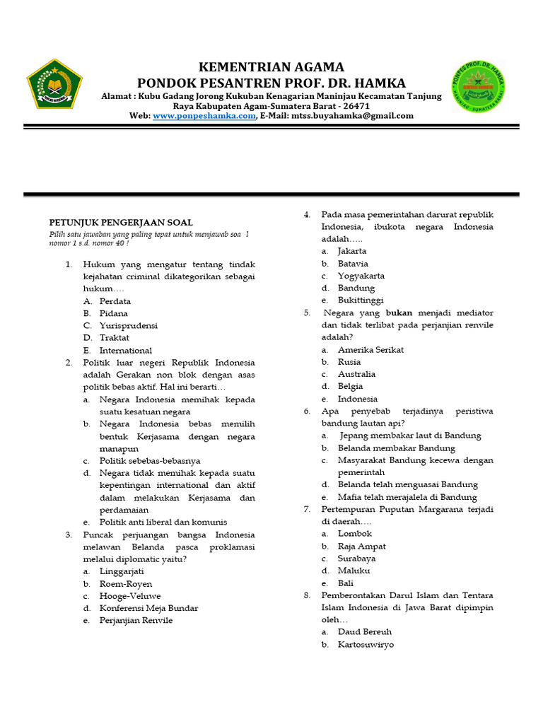 Soal PAS Sejarah Indonesia Kelas XI PP Hamka | PDF