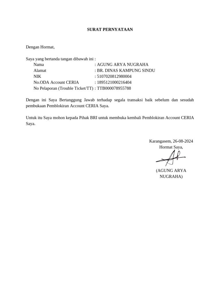 Contoh Dokumen Surat Pernyataan Rilis Block R CERIA TTD | PDF