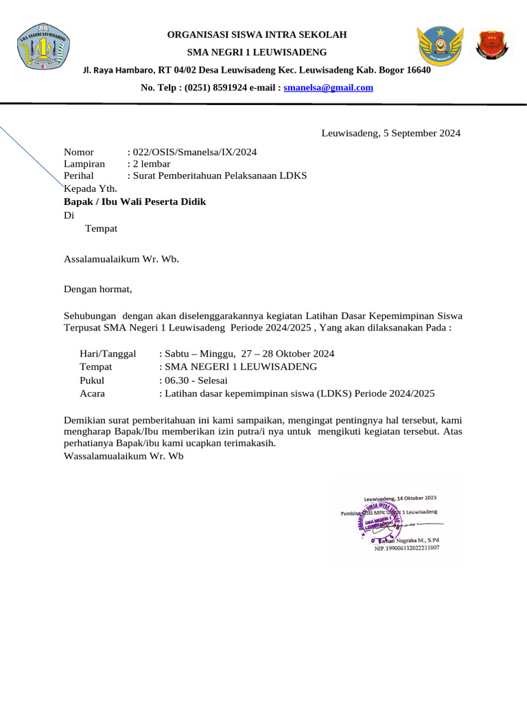 Surat Izin Ortu Ldks 2023 | PDF
