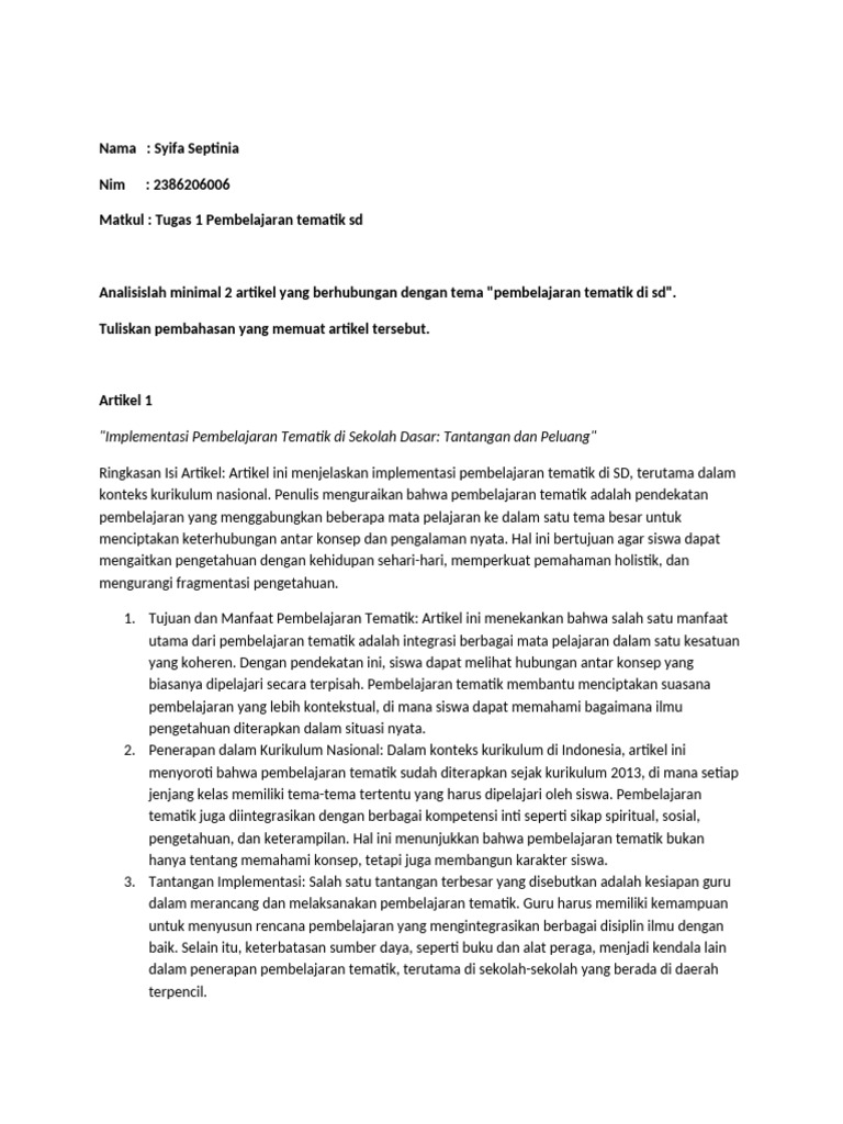 Syifa Septinia - 2386206006 - Tugas 1 Pembelajaran Tematik Di SD | PDF