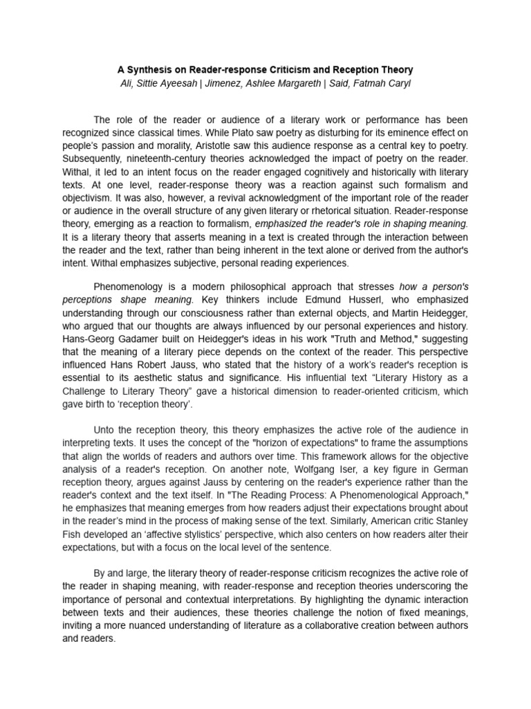 A Synthesis On Reader-Response Criticism and Reception Theory by SONNET ...