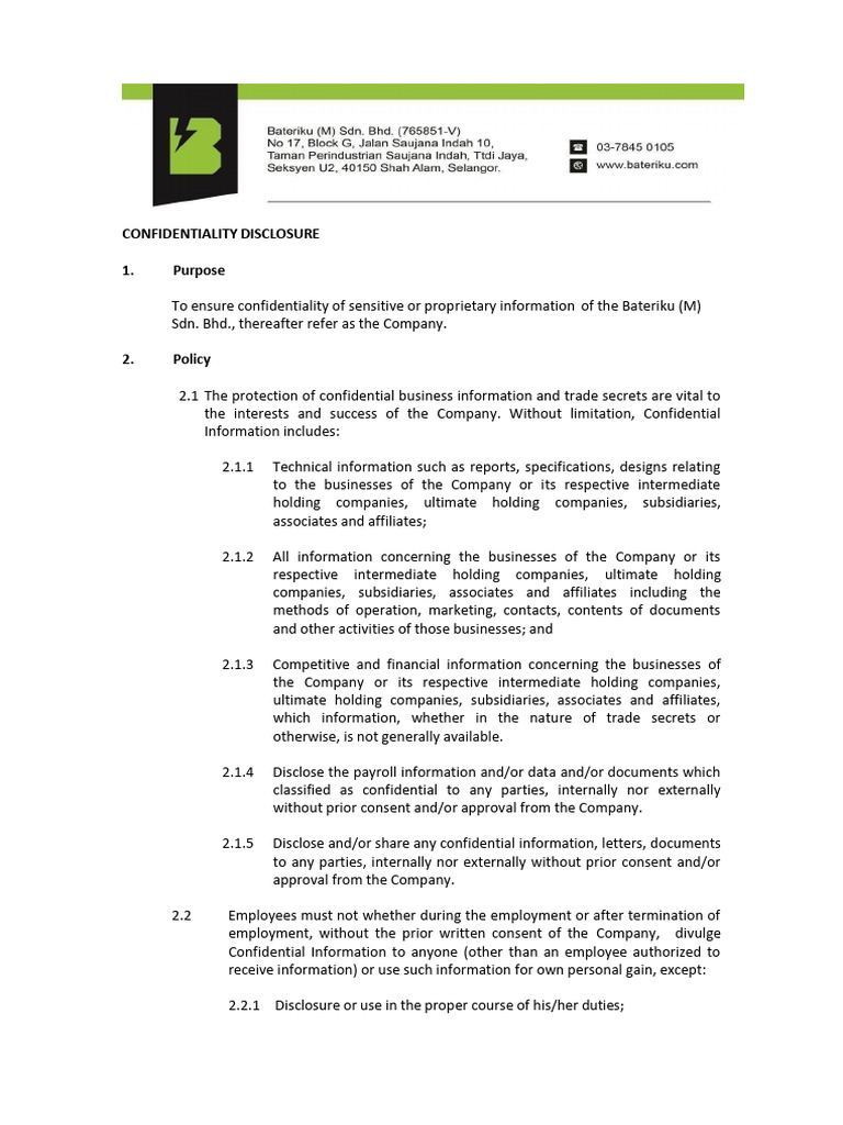 Non Disclosure Agreement - Bateriku | PDF