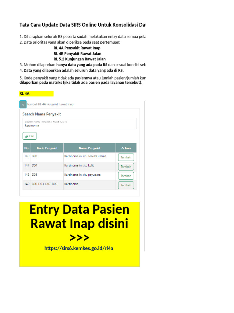 Petunjuk Pelaporan Data KJSU-KIA Di Aplikasi SIRS Online | PDF