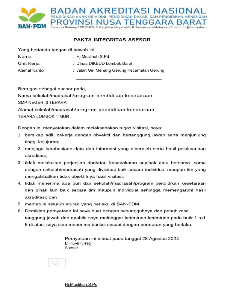 Form Pakta Integritas Asesor Visitasi Dasmen 2024 | PDF