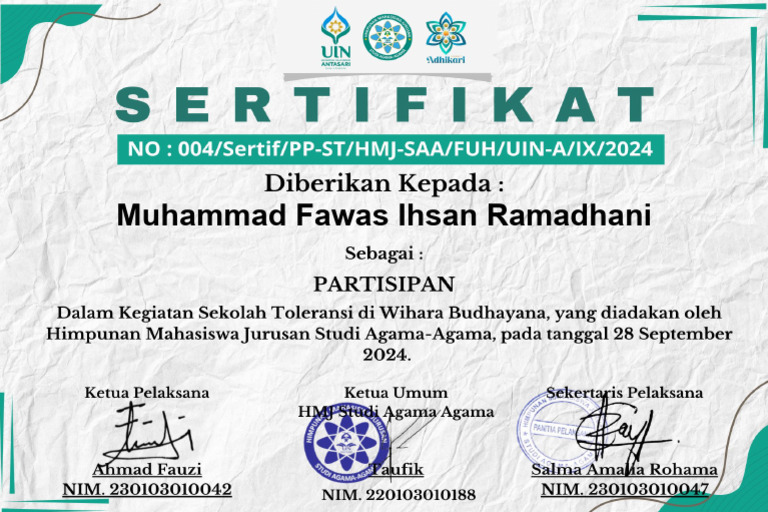 E-Certificate Muhammad Fawas Ihsan Ramadhani | PDF