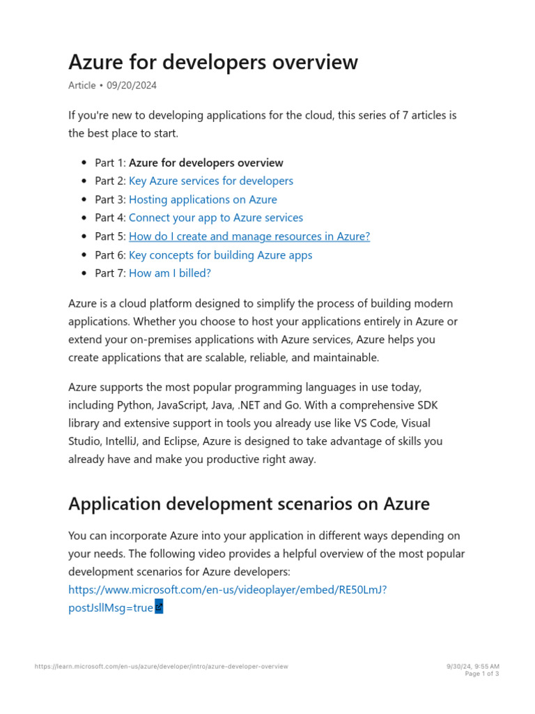 Azure For Developers Overview - Microsoft Learn | PDF